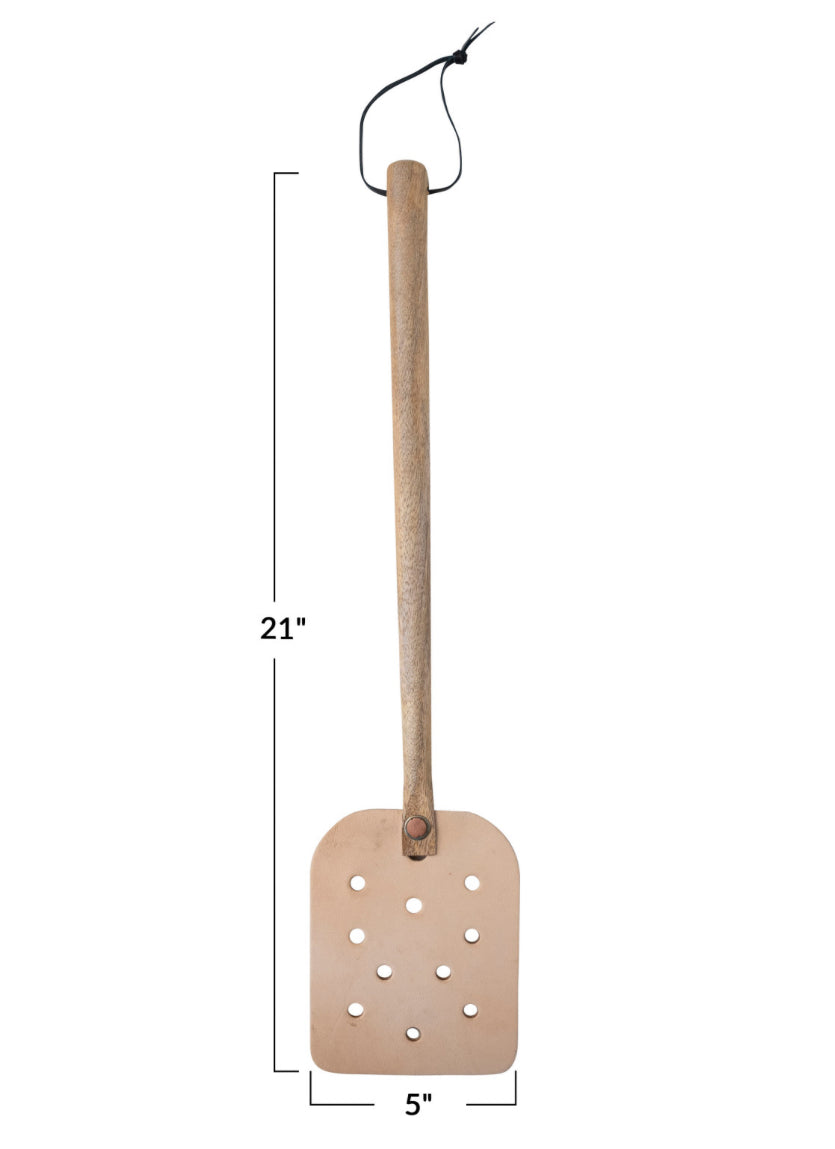 Creative Co-Op Leather Fly Swatter with Mango Wood Handle & Tie ...
